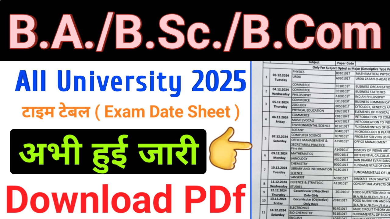 BA BSc BCom Time Table - 1st, 3rd, 5th Semester time table 2025/ बीए बीएससी बीकॉम की टाइम टेबल ...